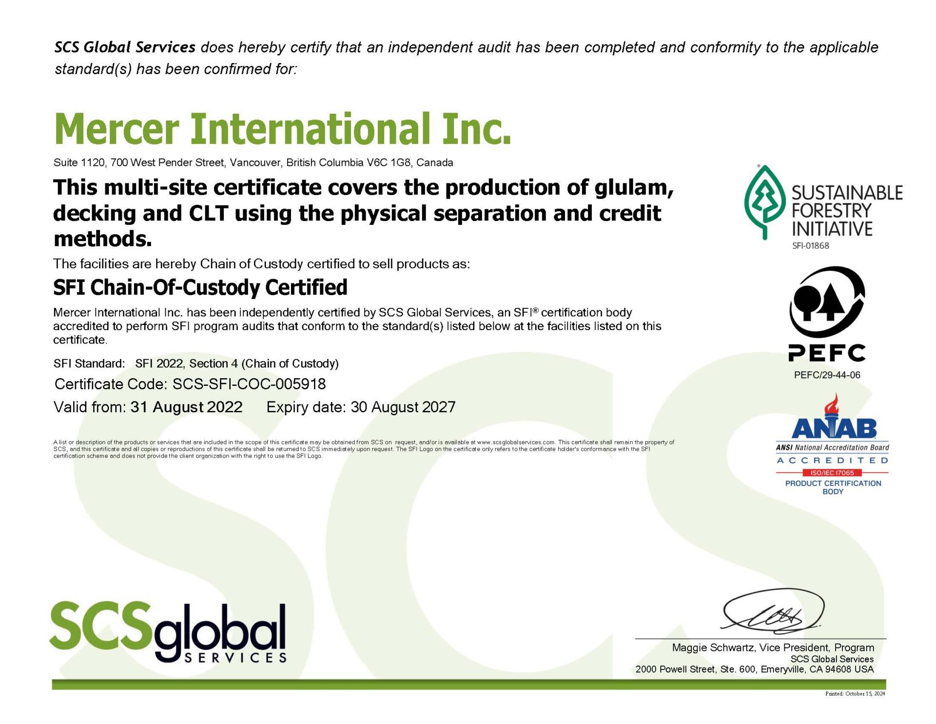 SFI Chain of Custody Certificate | Mercer Mass Timber